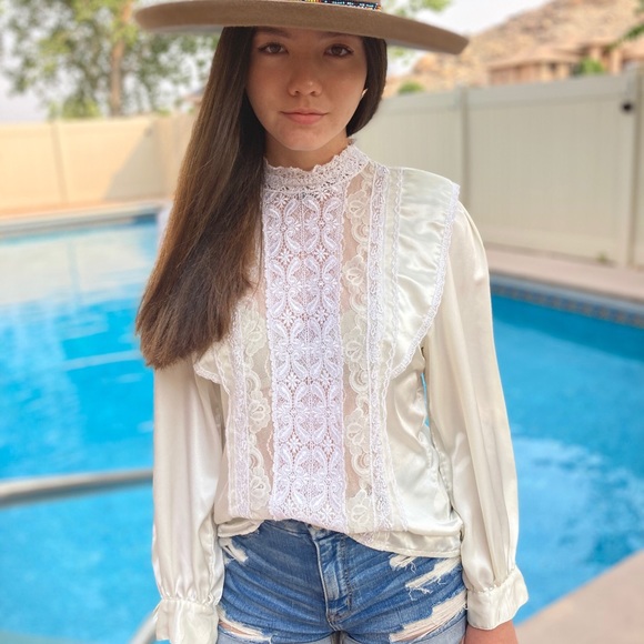 Diversity | Tops | Vintage Satin And Lace Prairiestyle Cream Blouse ...